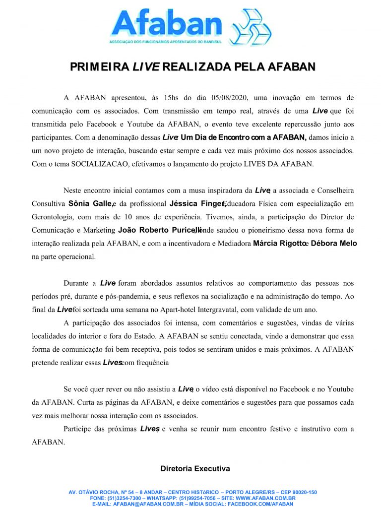 PRIMEIRA LIVE REALIZADA PELA AFABAN – Afaban – Associação dos ...