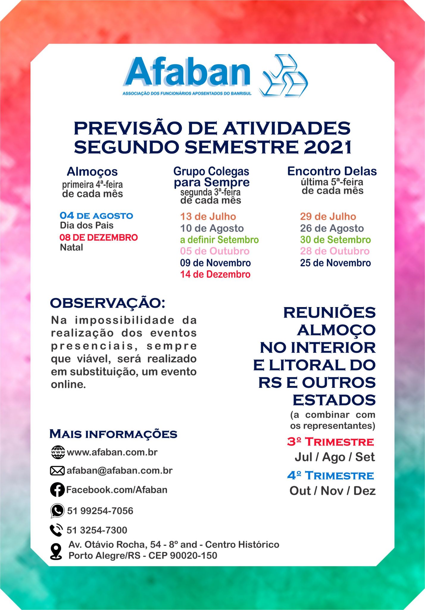 Previsão de atividades segundo semestre 2021 – Afaban – Associação dos ...